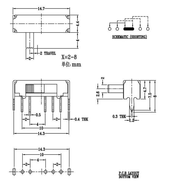 SK-14D01 SK14D02 SWITCH SLIDE HORIZONTAL 侧面四段切换开关,侧面四档切换开关,侧拨转换开关四位--利铭电子科技
